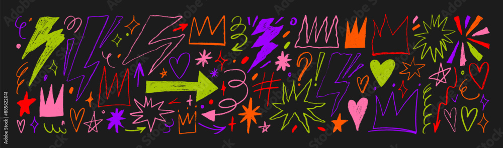 Colorful charcoal graffiti doodle punk shapes collection. Crayon drawn ...