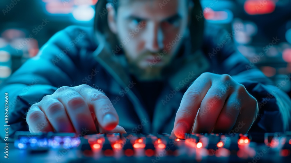 Man focusing intently as he manipulates controls on a high-tech console ...