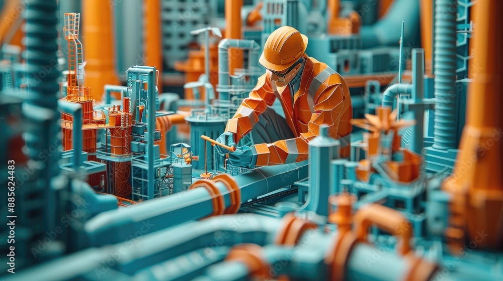 Engineer working on a pipeline project in 3d paper cutout art style ...
