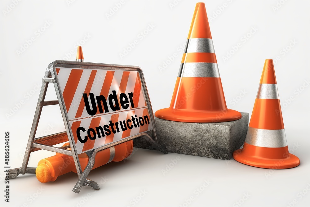 Orange traffic cones and an under construction sign arranged against a ...