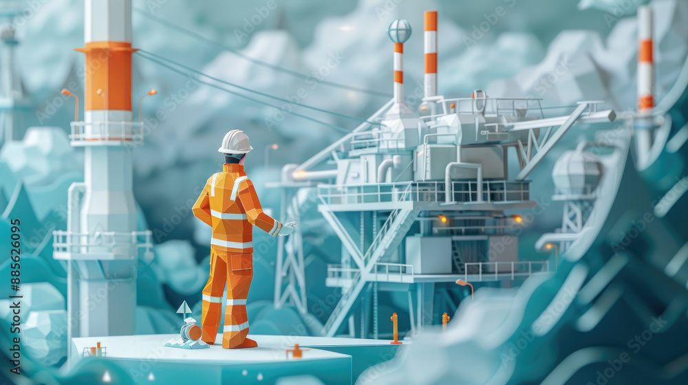 Paper cutout art of an engineer inspecting an oil rig, with detailed ...