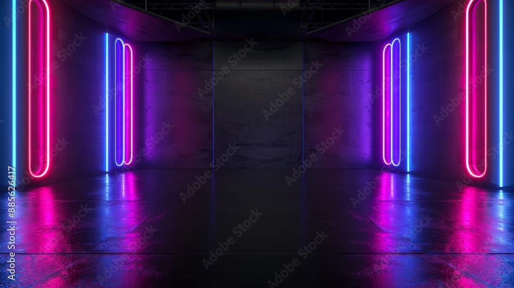 An empty game show stage with vibrant neon lights and futuristic feel ...