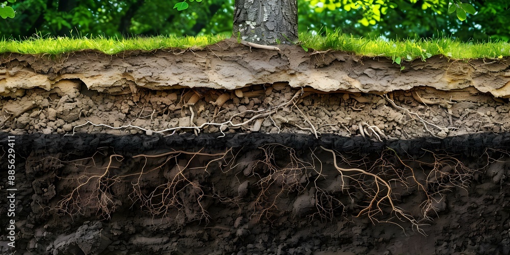 Cross-section showing complex tree root system and layers of soil ...