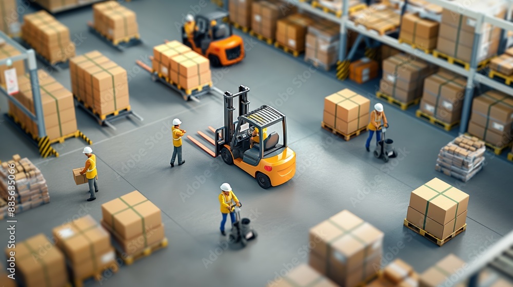 Warehouse workers operating forklifts and organizing packages on ...