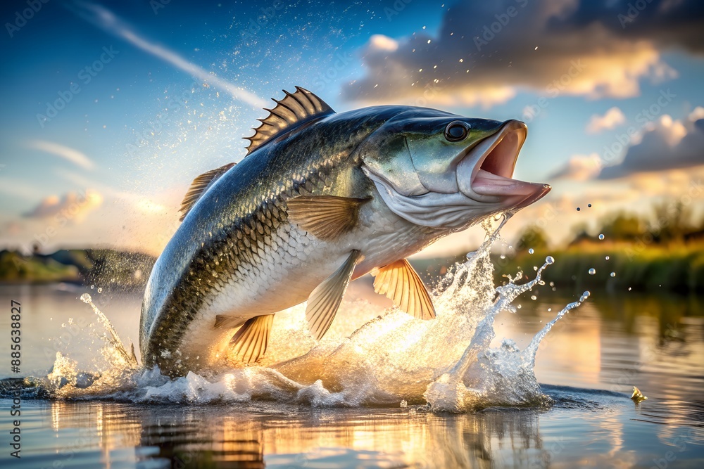 Foto de Silver scales glinting in the sunlight as large Bass bursts out ...