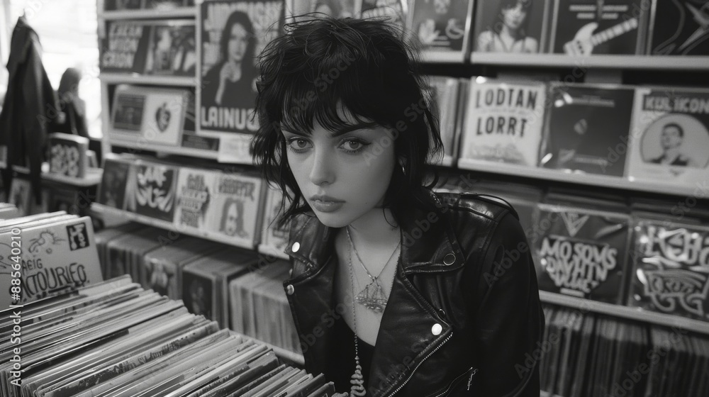 Punk, goth rock girl browsing through vinyl records in a punk music ...