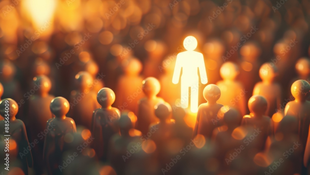 A glowing figure stands out among many people, symbolizing the concept ...