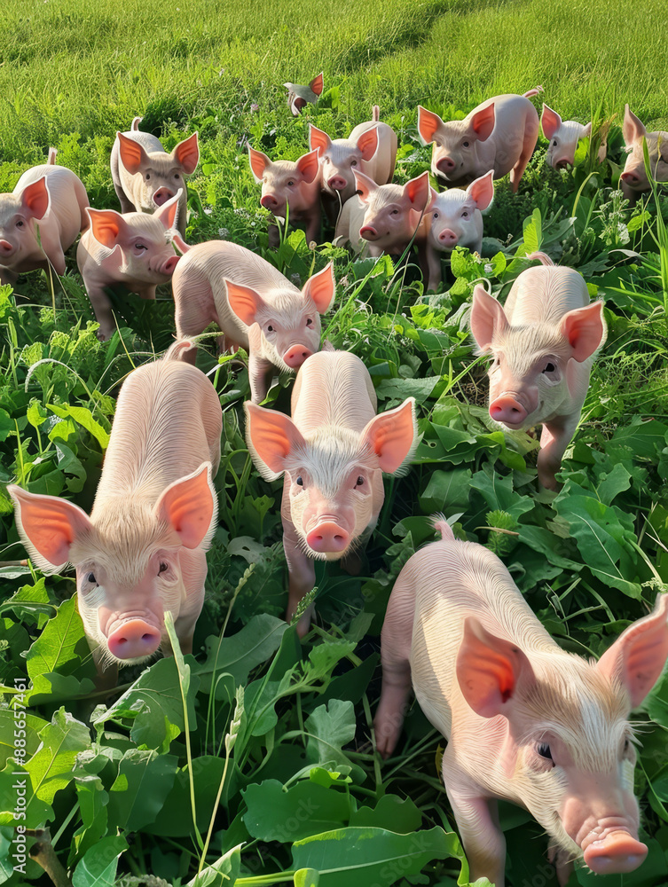 A peaceful and picturesque scene of a group of adorable baby piglets ...