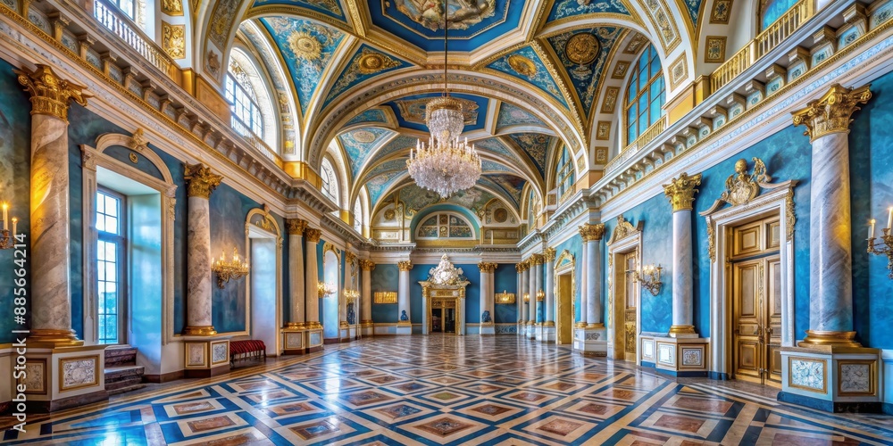 Grand Hall Interior with Blue Walls and Gold Accents, wide angle ...