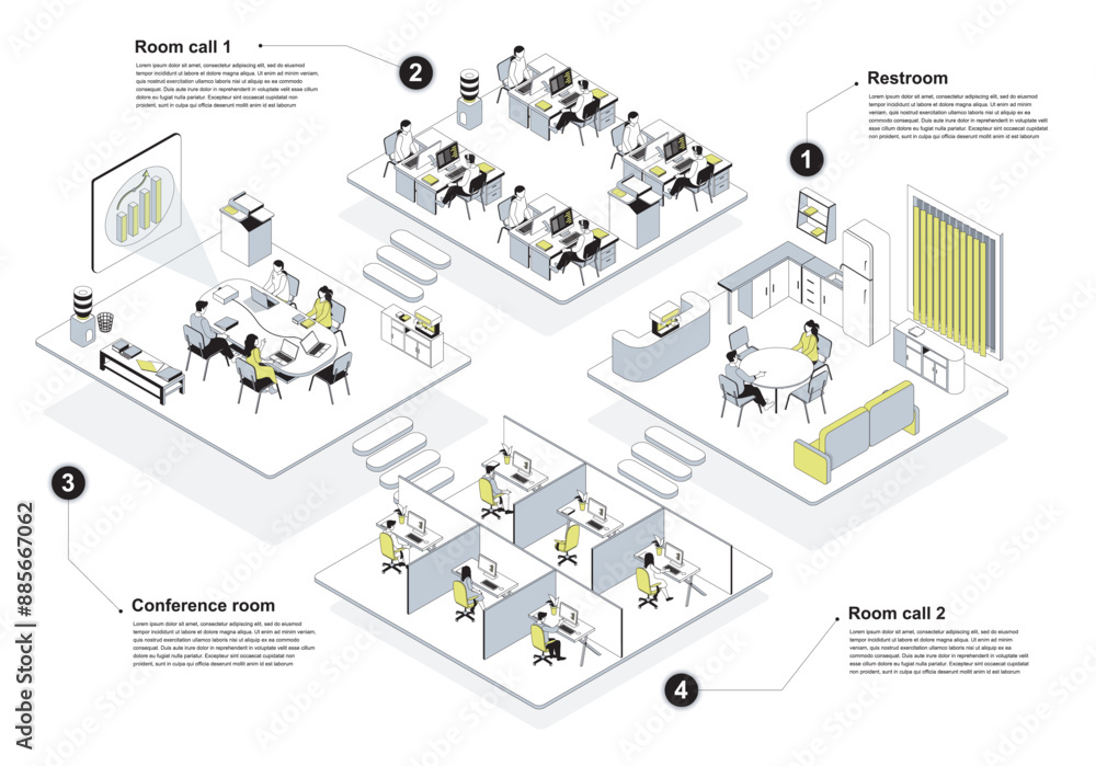 Call center 3d isometric concept in outline design for web. People working in isometry rooms as ...