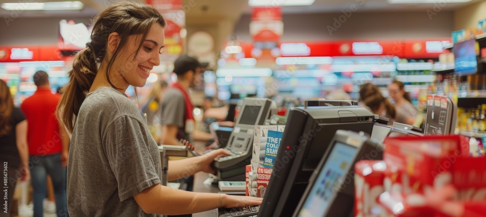 Busy Retail Checkout Counter with Customers and Friendly Cashier in ...
