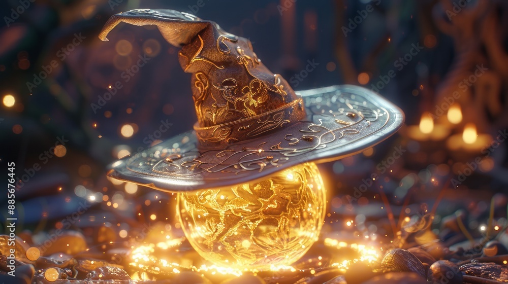 Ornate wizard hat and glowing orb. A golden wizard hat with intricate ...