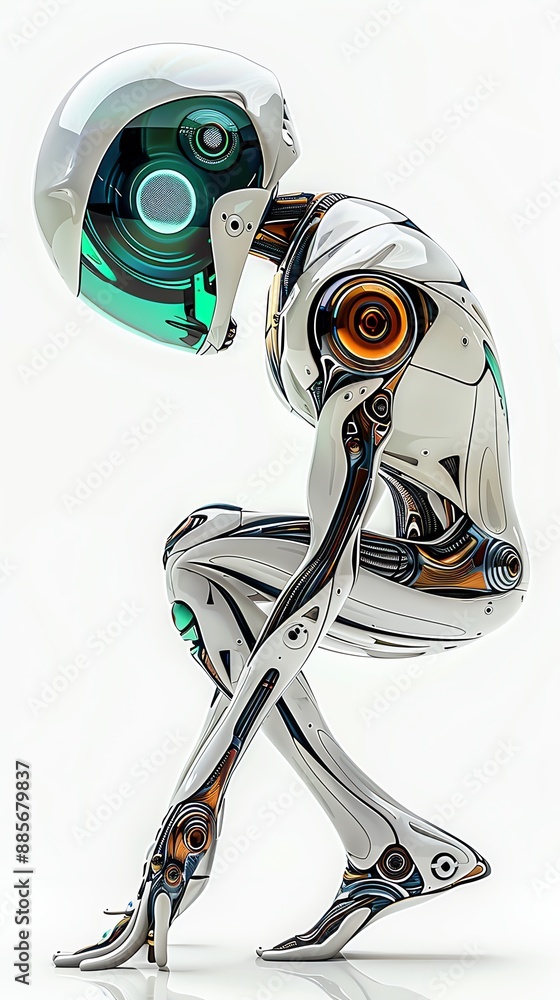 An elegant illustration of a sleek and powerful robot crouching in a ...
