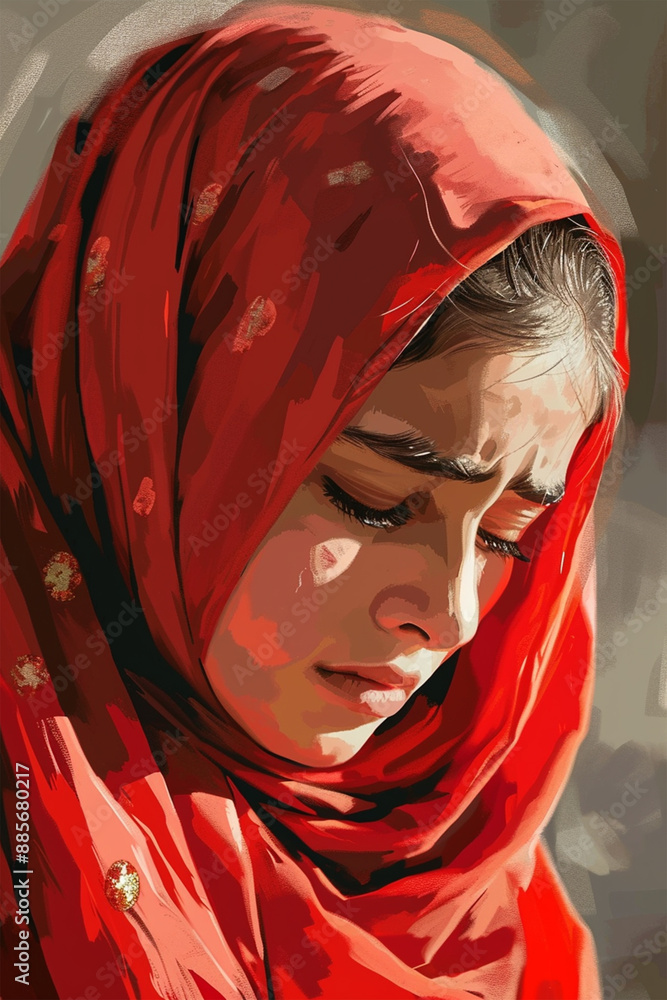 Illustration of a Sad Islamic Teenage Girl Captured in Emotional Detail ...