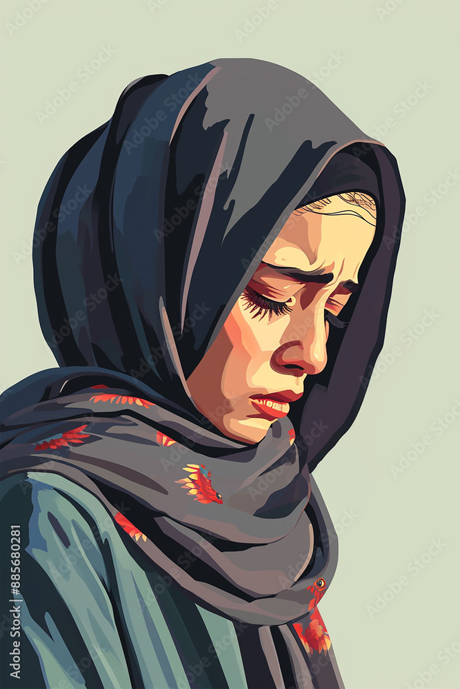Illustration of a Sad Islamic Teenage Girl Captured in Emotional Detail ...