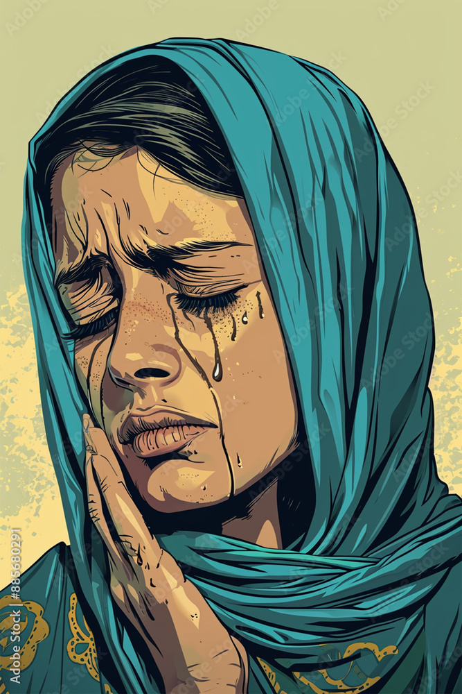 Illustration of a Sad Islamic Teenage Girl Captured in Emotional Detail ...