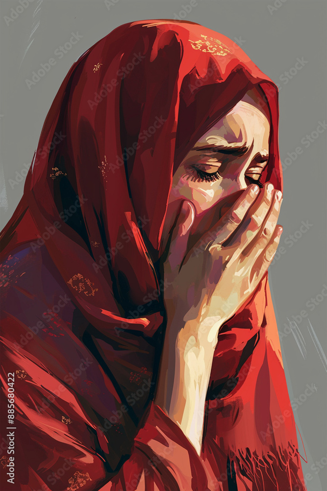 Illustration of a Sad Islamic Teenage Girl Captured in Emotional Detail ...