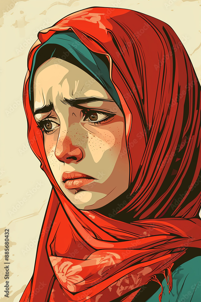 Illustration of a Sad Islamic Teenage Girl Captured in Emotional Detail ...
