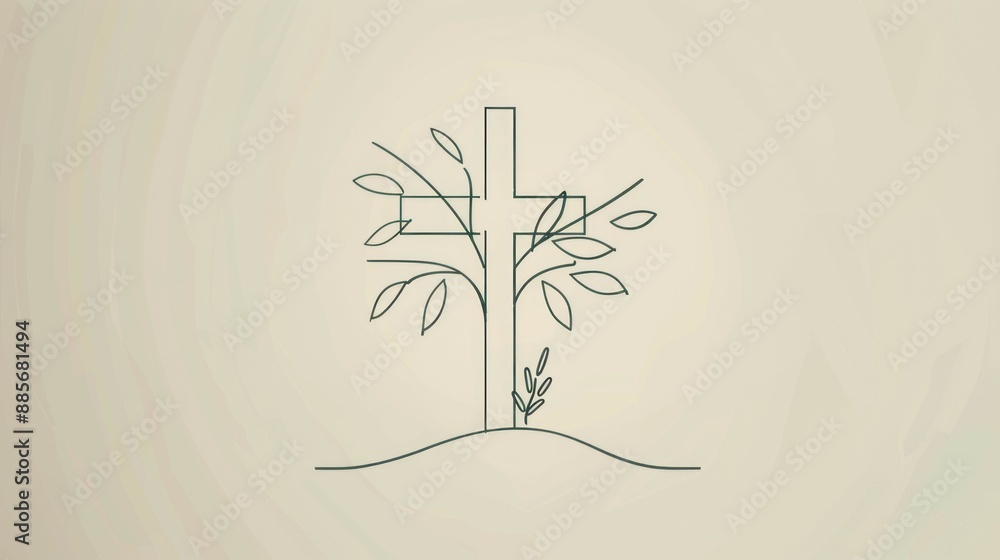 Cross and tree line drawing. Simple line drawing of a cross with a tree ...