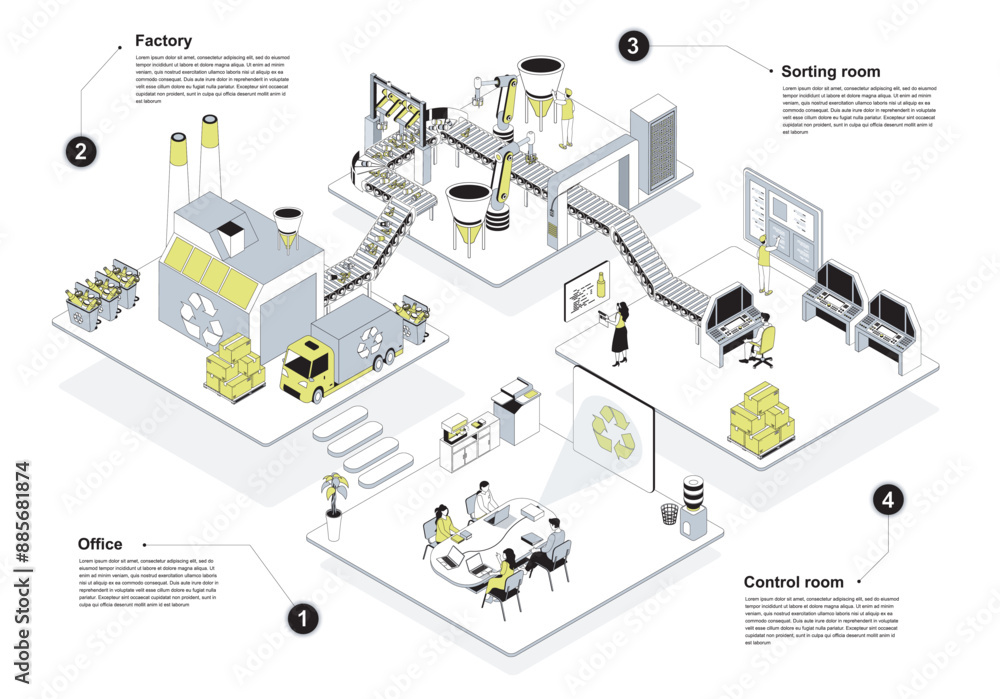 Waste management 3d isometric concept in outline design for web. People ...
