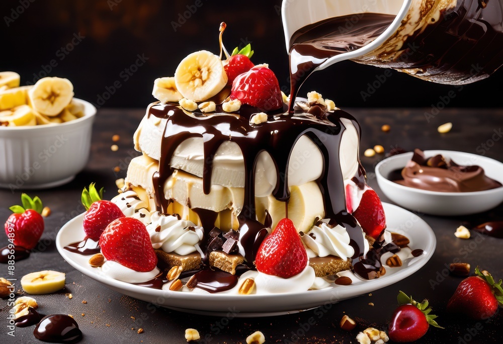 drizzling hot fudge over banana split dessert ice cream whipped cream ...