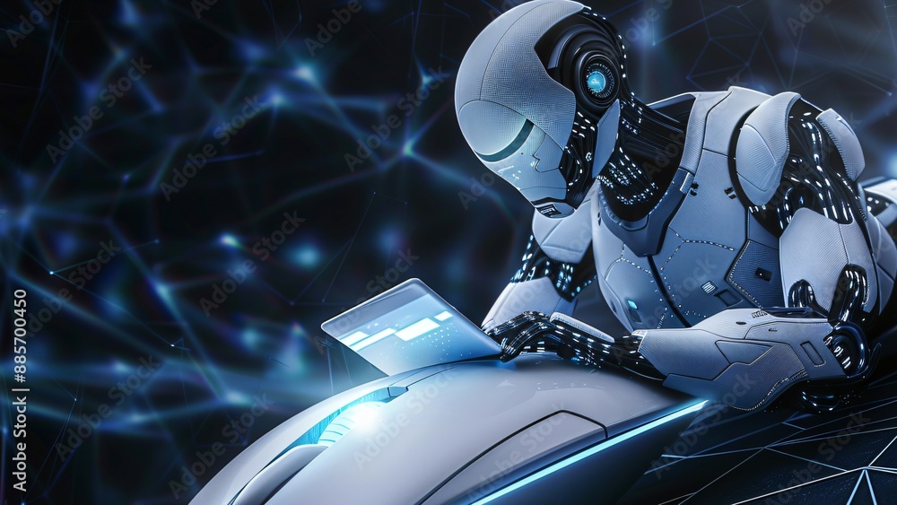 robot hands hold laptop sitting on computer battery mouse are flying ...