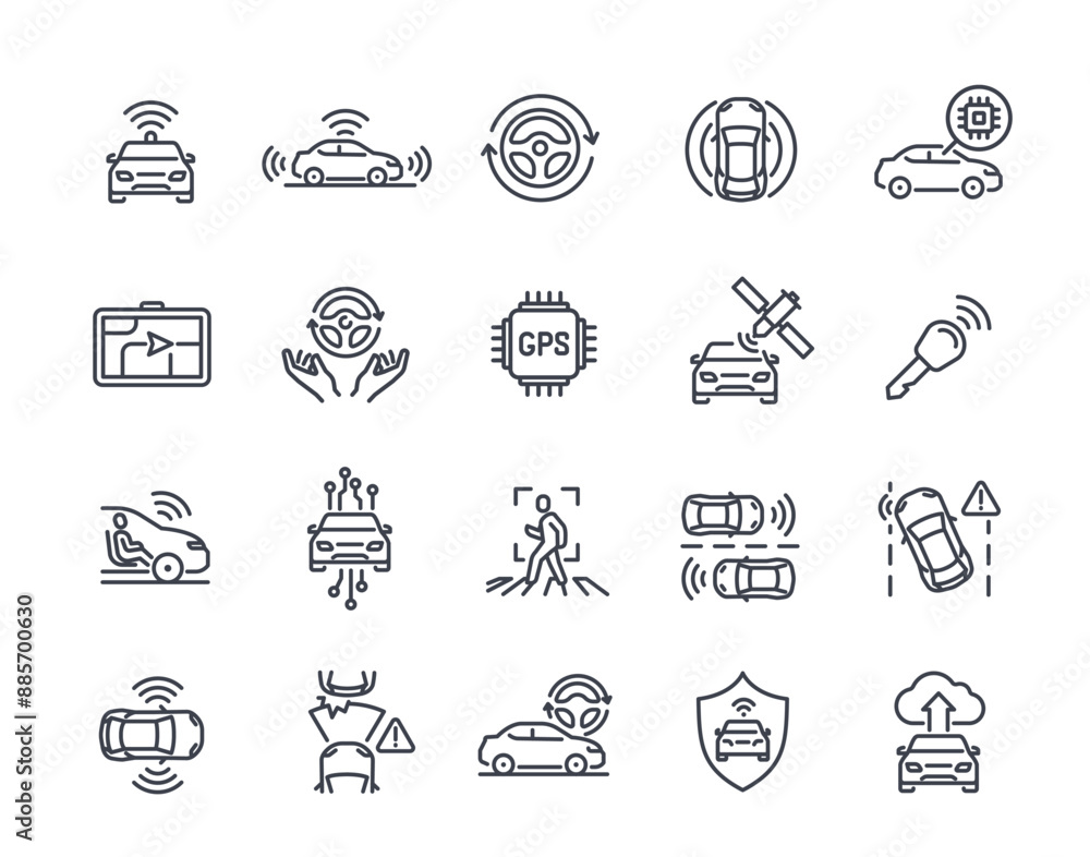 Smart vehicle line icons set. Symbols of car with autopilot or self ...