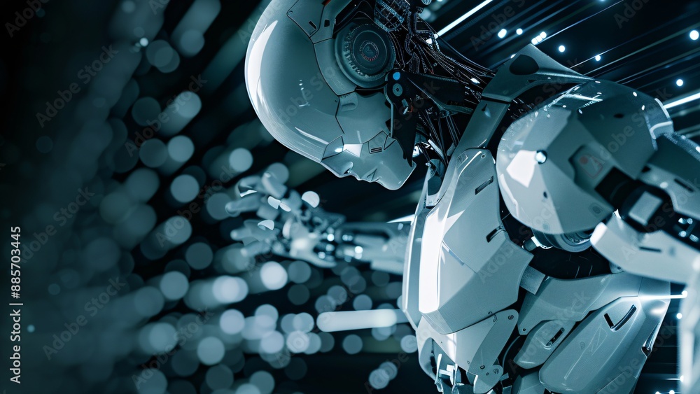 humanoid robot pointing finger touching on innovation and futuristic ...