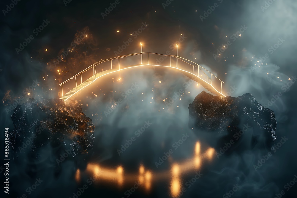 A floating bridge made of light, connecting two abstract islands ...