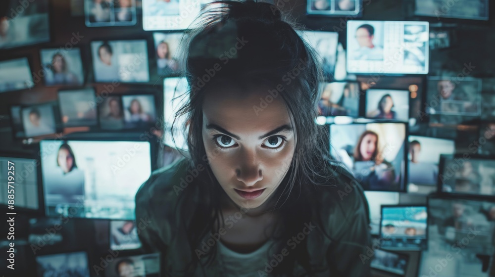 woman staring at multiple screens, overwhelmed by information ...