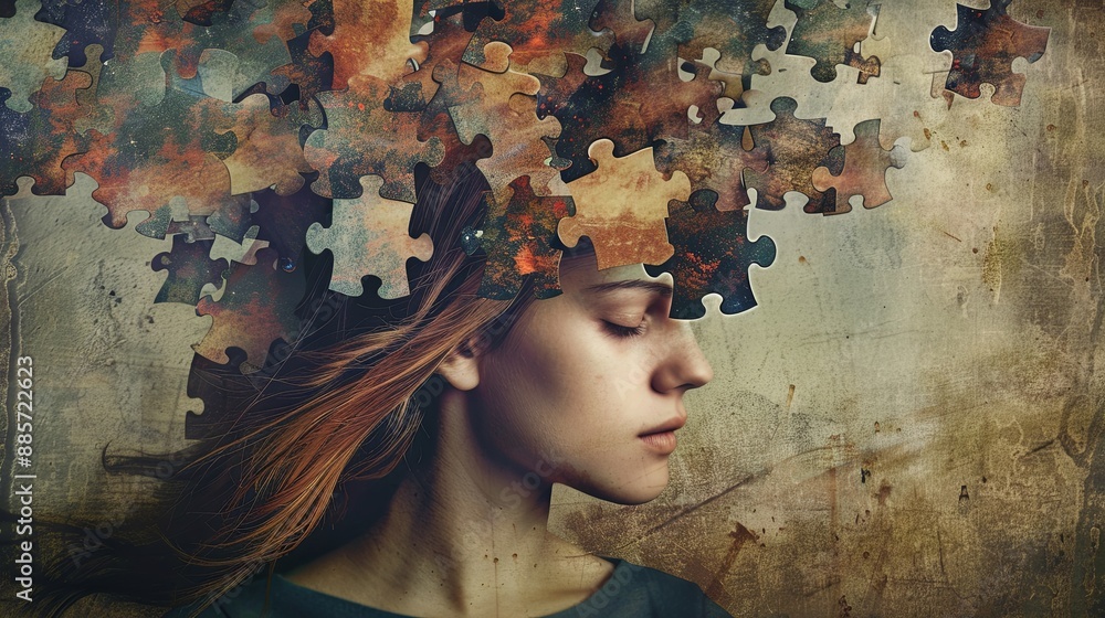A woman's head fragmented into multiple puzzle pieces symbolizes mental ...