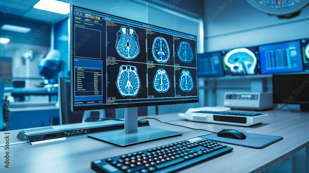 AI software processing a series of CT scans on a high-tech monitor ...
