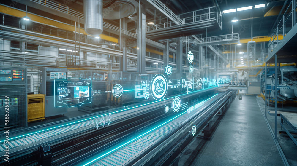 A modern factory with a digital interface highlighting icons for ...