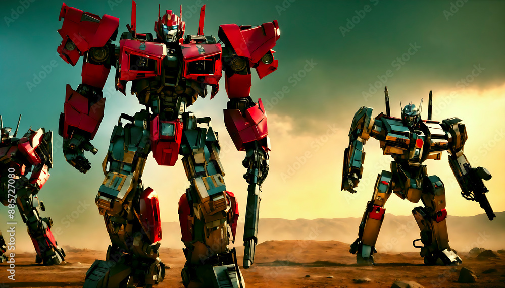 3 three robots machine mecha with weapon armory art style. Alien ...