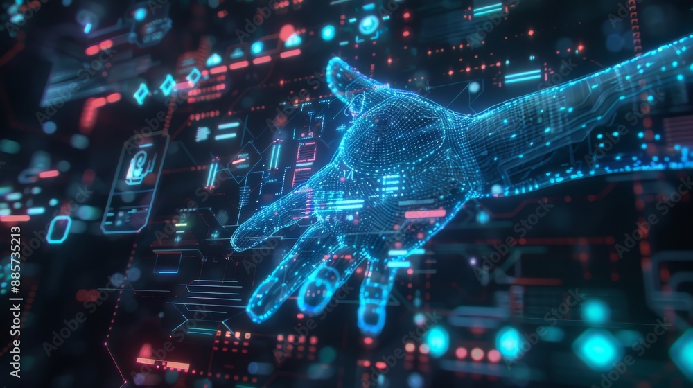 The hand of a hacker reaching out from a digital screen represents a ...