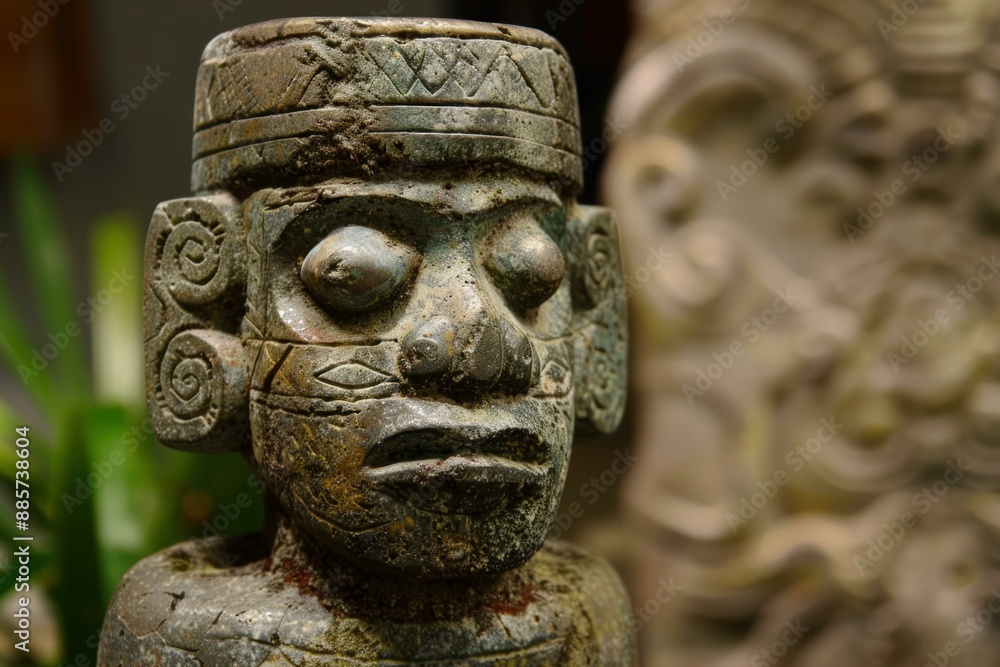 Closeup of weathered ancient mayan stone statue, a detailed and ...