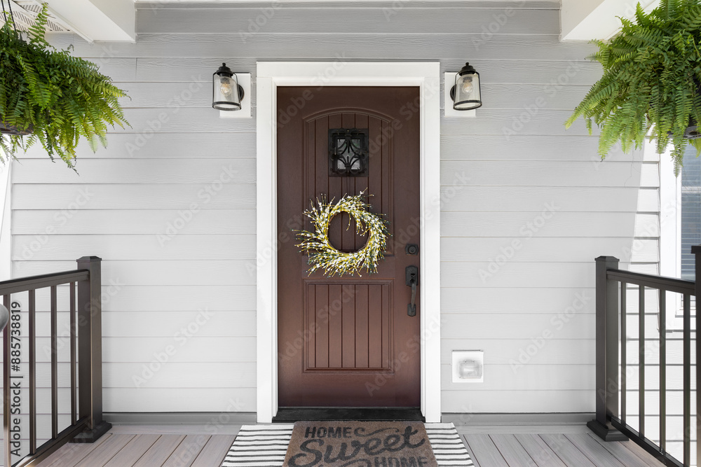 A wooden front door detail with grey vinyl siding, composite decking ...