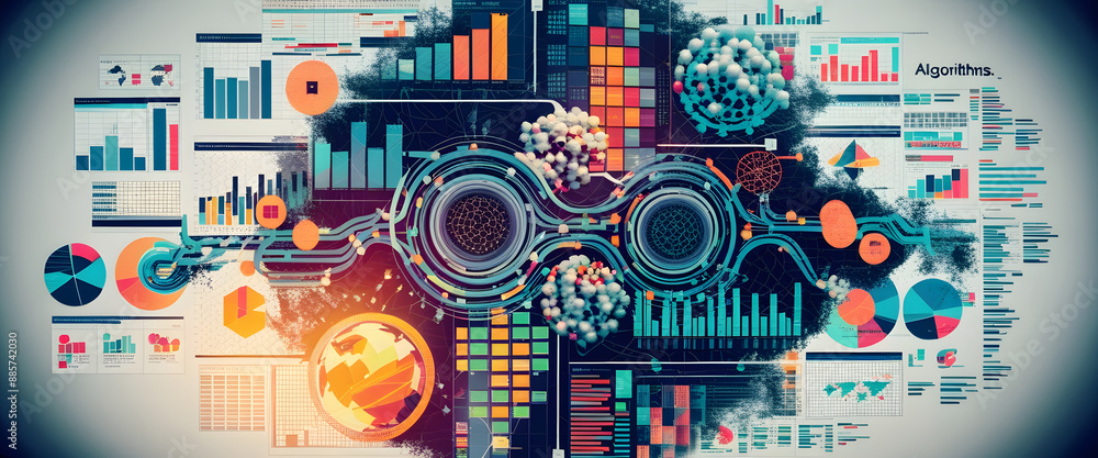 Image depicting data processing by algorithms with charts, information ...
