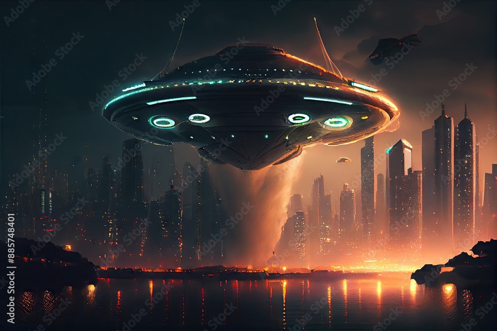 alien ship, hovering over major city, with its lights shining on the ...