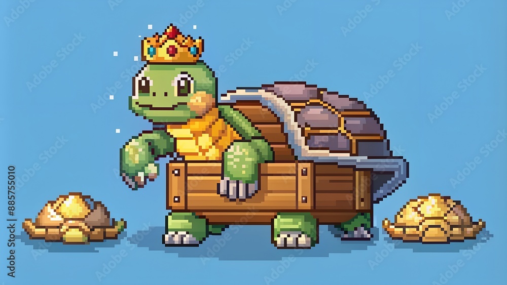 Pixel art turtle wearing tiny crown amidst pixelated treasure chests ...