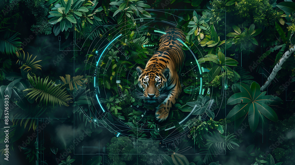 tiger in dense jungle foliage, highlighted by futuristic digital ...