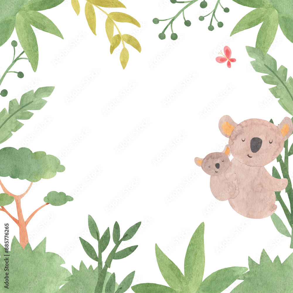 Watercolor hand drawn illustration of frame with palm trees, leaves ...