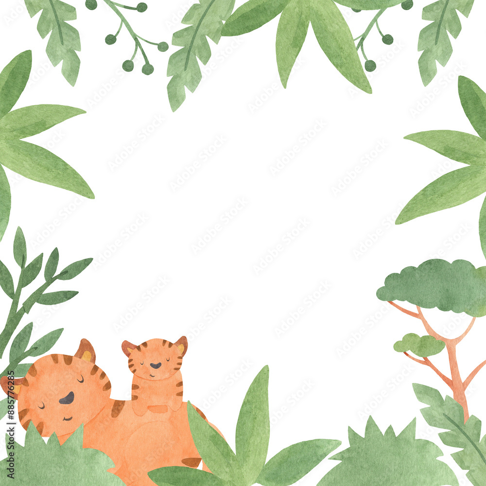 Watercolor hand drawn illustration of frame with palm trees, leaves ...