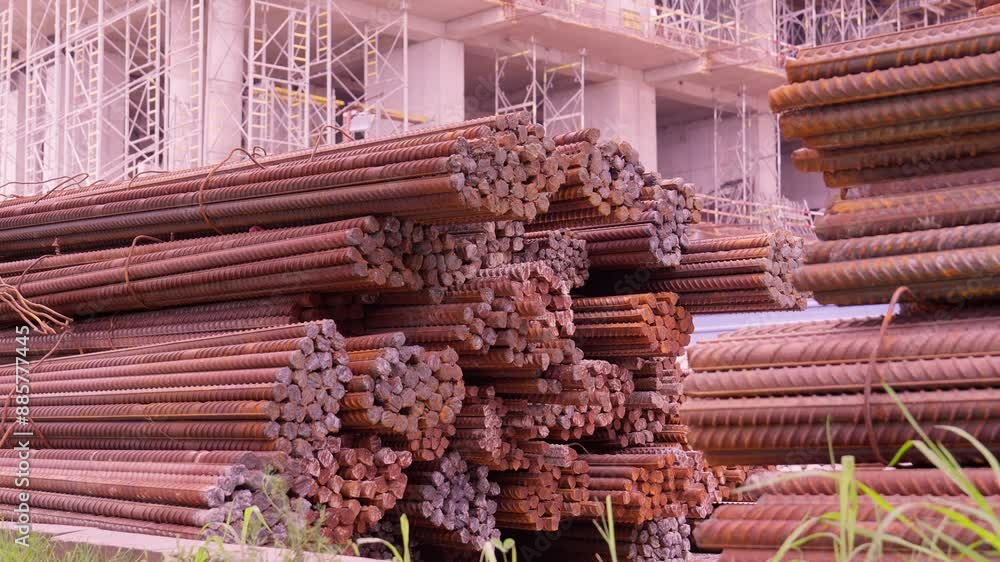 Construction steel reinforcement on construction site. Deformed bars ...
