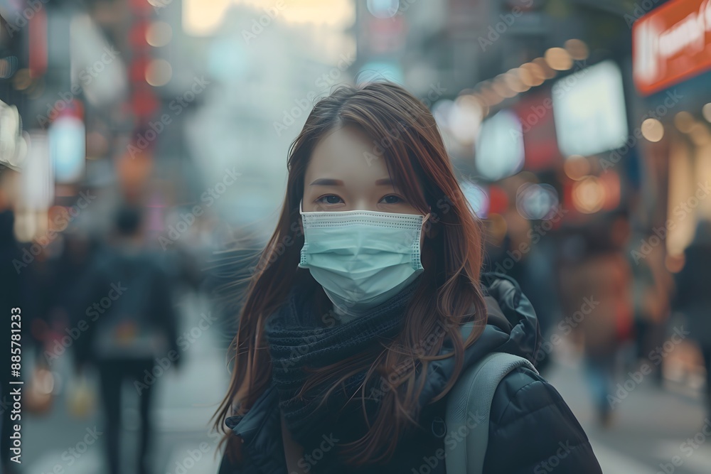 A dynamic mockup of a blank face mask worn by a person in a busy street ...