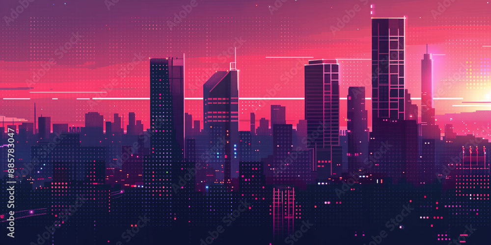 Pixel art retro wave. panorama of big city. wide banner. Space for text ...