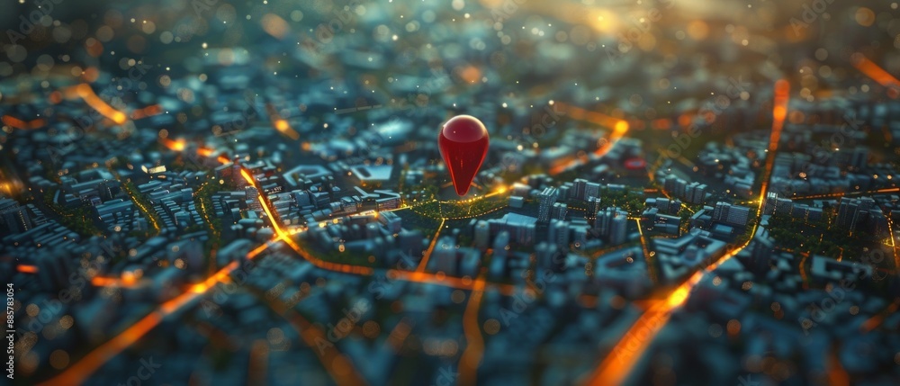 Bright red GPS location marker on a detailed city map, pinpointing a ...