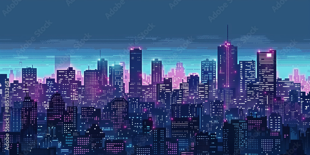 Pixel art retro wave. panorama of big city. wide banner. Space for text ...