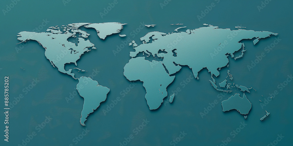 World map showing all continents casting shadow over blue background ...