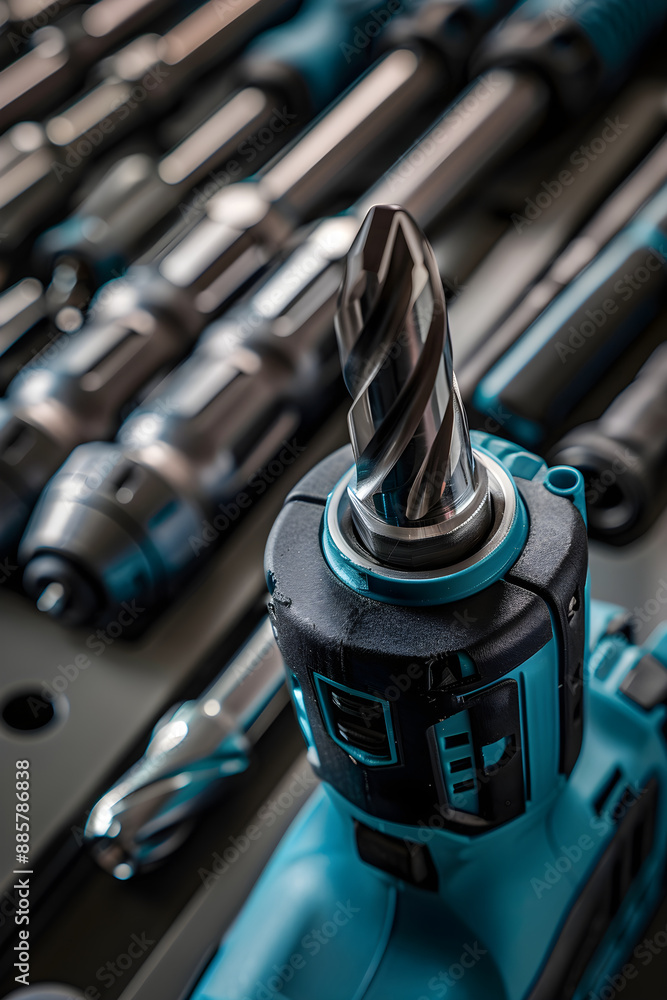 High-Resolution Close-Up of a Modern Cordless Power Drill with Assorted ...